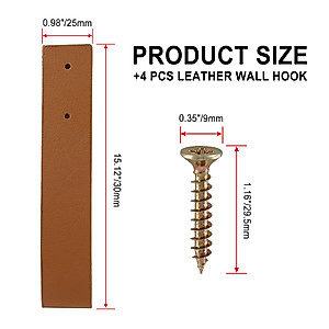 Rierdge Leather Wall Hooks, 4 Pcs Brown Wall Mounted Leather Straps Hanger, Leather Strap Towel Hook Shelf Holder for Kitchen Bathroom Bedroom