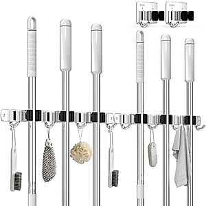 3-H 2 Pack Broom Hanger Wall Mount,Broom Holder Stainless Steel,Broom Holder Wall Mount Self Adhesive,Broom Organizer Storage Tool Racks for Home Kitchen Garden Laundry Garage(Silver)