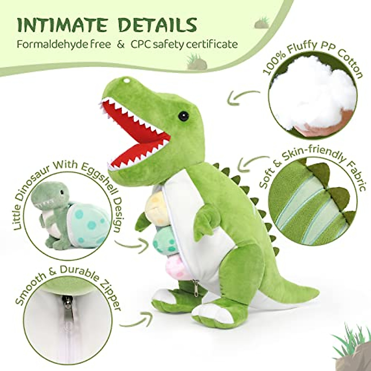 MorisMos Dinosaur Stuffed Animal with Babies,23.6'' Big T-Rex Mommy Stuffed Dinosaur with 3 Baby Dinosaur Plush Toys, 3 Dinos Eggs,Boy Girl Dinosaur Toys for Kid Birthday Christmas,Green T-rex Toys