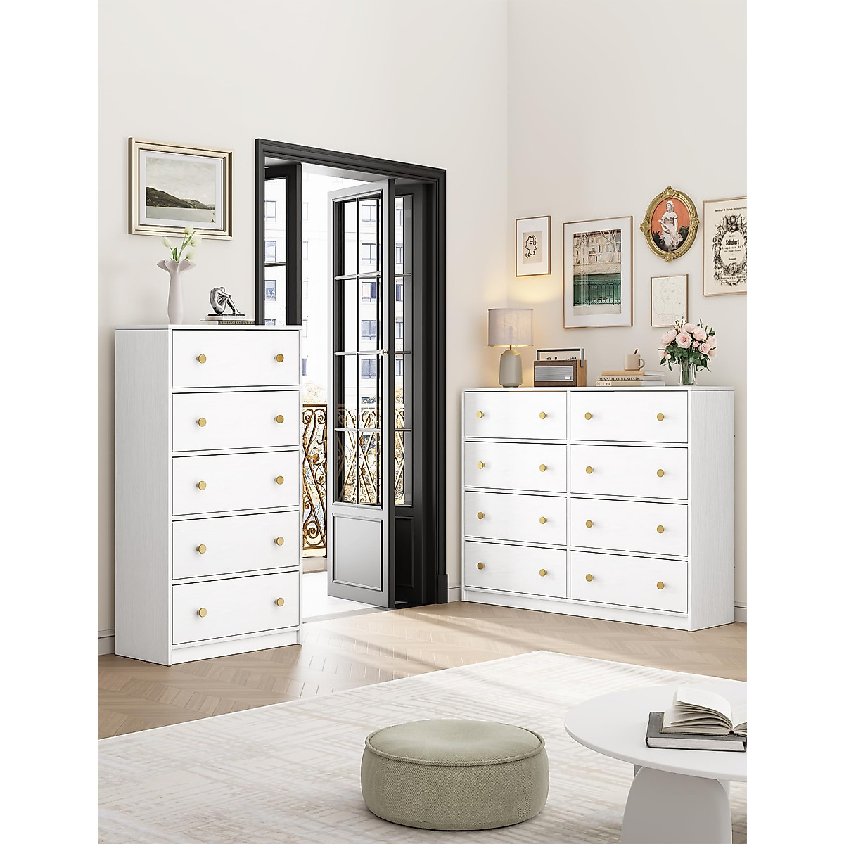 Nicehill White Dresser for Bedroom with 5 Drawers, Fabric Dresser Storage Tower, Chest of Drawers for Closet, Living Room, Hallway, Entryway, Woodeen Dresser（White）
