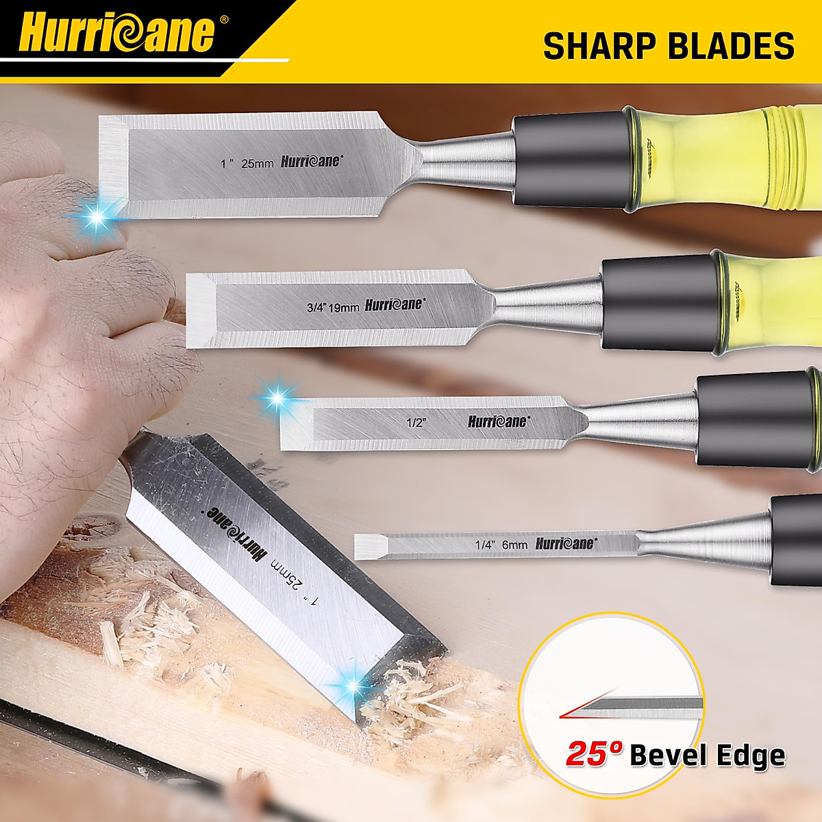 Hurricane 4 Piece Wood Chisel Set for Woodworking, CR-V Steel Beveled Edge Blade, Durable PVC High Impact Handle Wood Chisel
