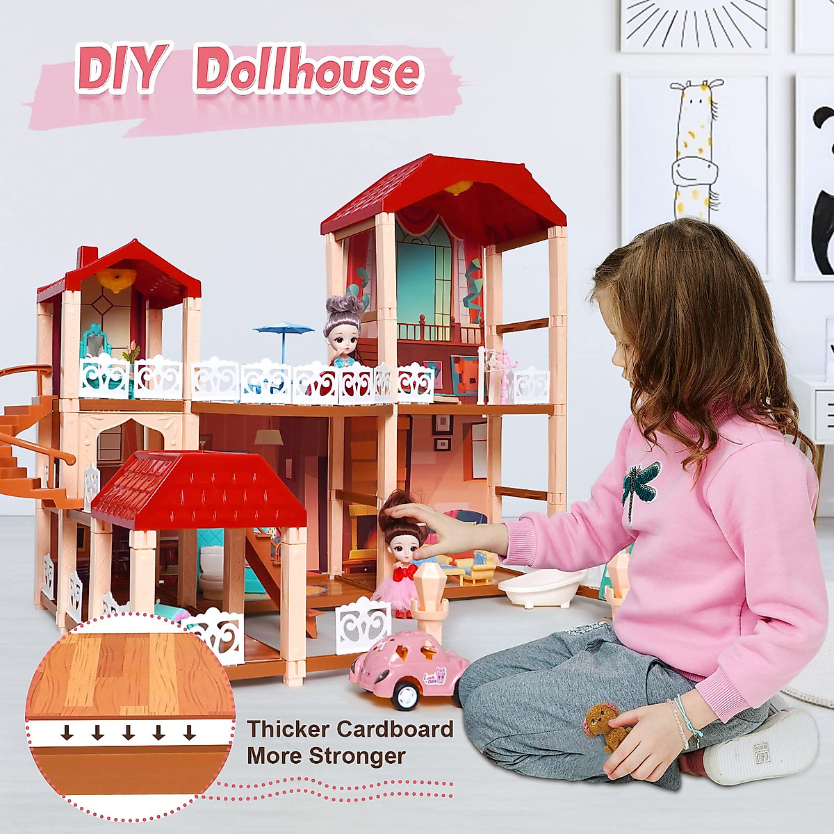 NOVSPER Doll House, Girl Toys Dollhouse with 2 Dolls, Pet Dog, Car,Light, Furnitures and Accessories, DIY Dollhouses Dreamhouse Kit Kids Toys Gift for Age 5 6 7 8+ Year Old(8 Rooms and 2 Balcony)