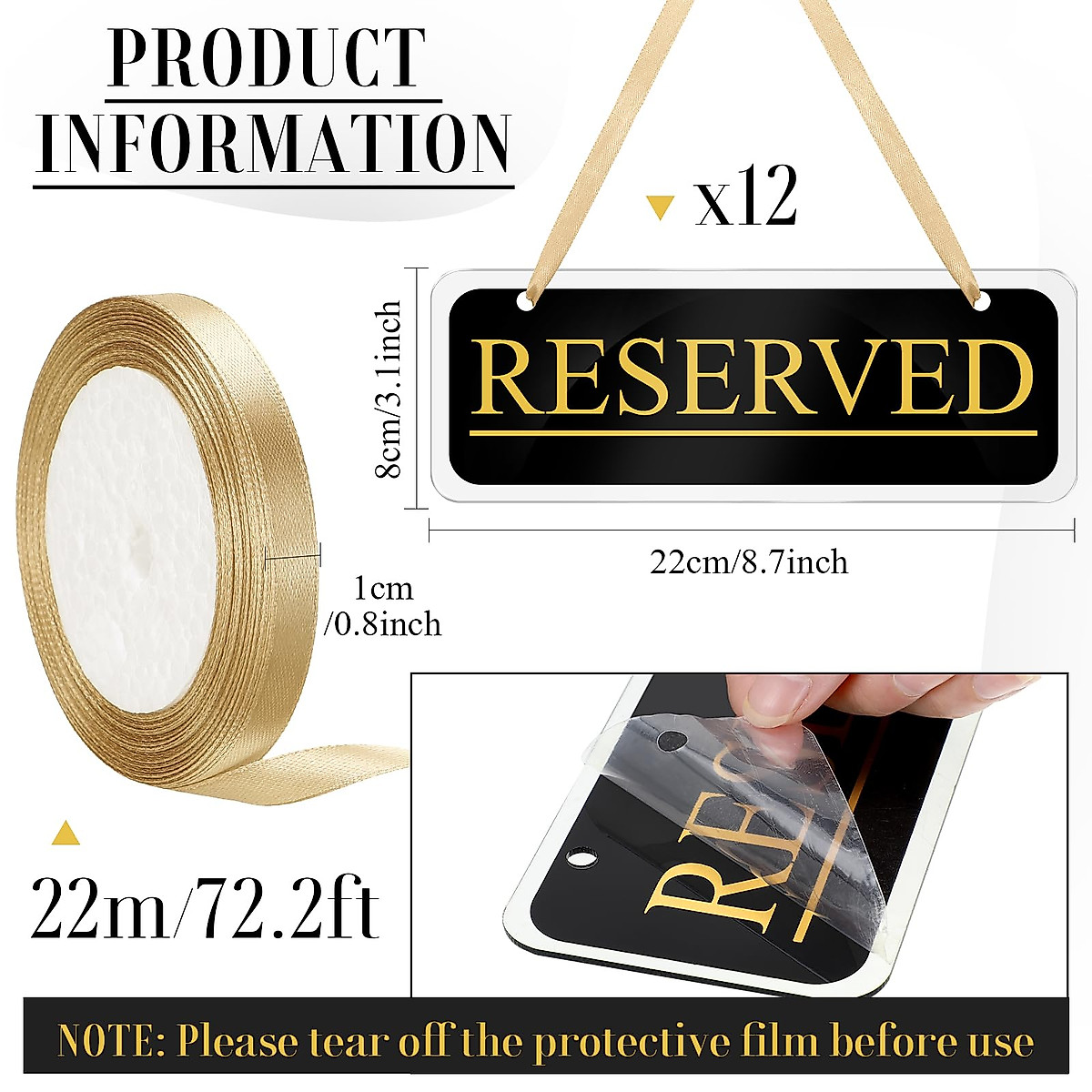 Beeveer 12 Pcs Reserved Chair Signs for Wedding Reserved Seating Signs Acrylic Reserved Hanging Sign with Ribbon Reserved Signs for Wedding Parties Events Church Pews Chair Restaurant(Black)