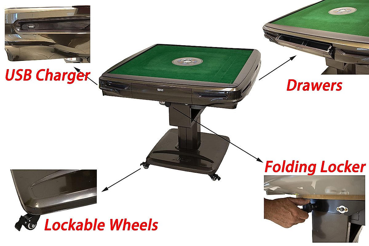 TRYHO Tornado Automatic Mahjong Table Gray Ultra-Thin Pedestal Folding Style with Tiles 宣和 超薄电动麻将桌 Electric Mah Jongg More Rounds No More Shuffling (44mm, Numbered Tiles)