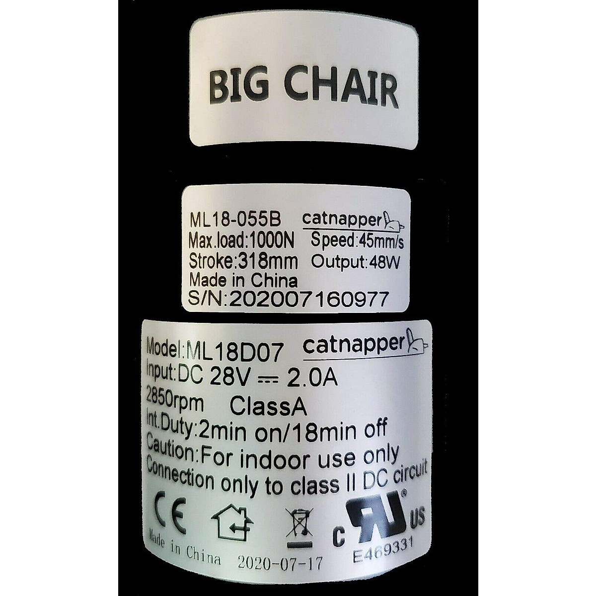 Mulin Electric Power Recliner Motor Replacement with Cord Model ML18-055 Linear Actuator for Sofa Lift Chair Couch Massage Seat Bed, Black