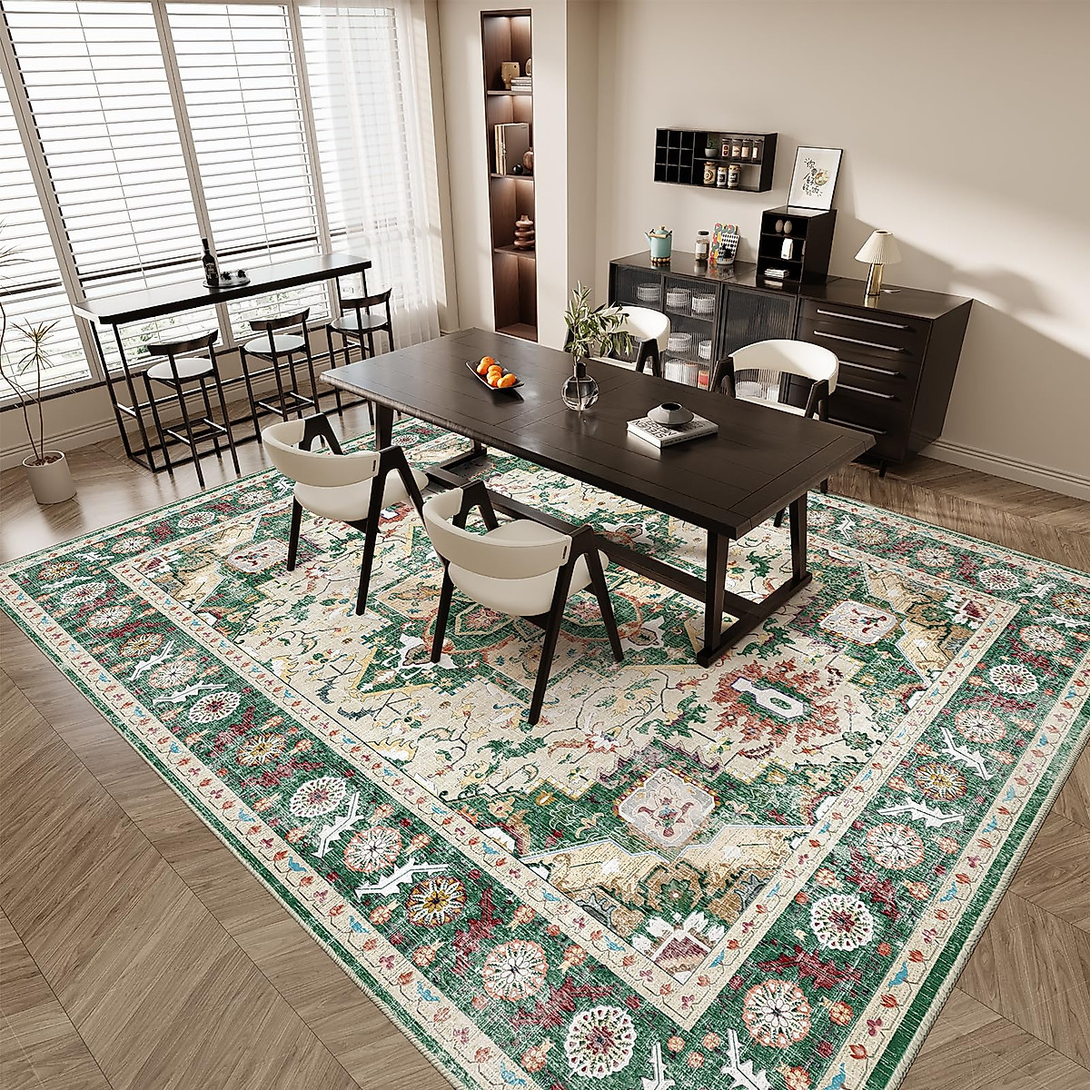 Vamcheer Washable Area Rug - Green Vintage 5x7 Area Rugs for Living Room, Bedroom, Machine Washable Rug Non-Slip Backing, Ultra-Soft Low Pile Carpet