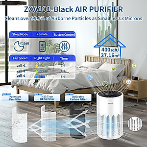 ANEGOE Air Purifier for Bedroom with True H13 HEPA 3-in-1 Filters, Remote Control Pet Air Purifiers for Home Cat Pee Smell, Covers Up to 400Ft² with 2/4/8H Timer Night Lights Fan Speeds and Sleep Mode