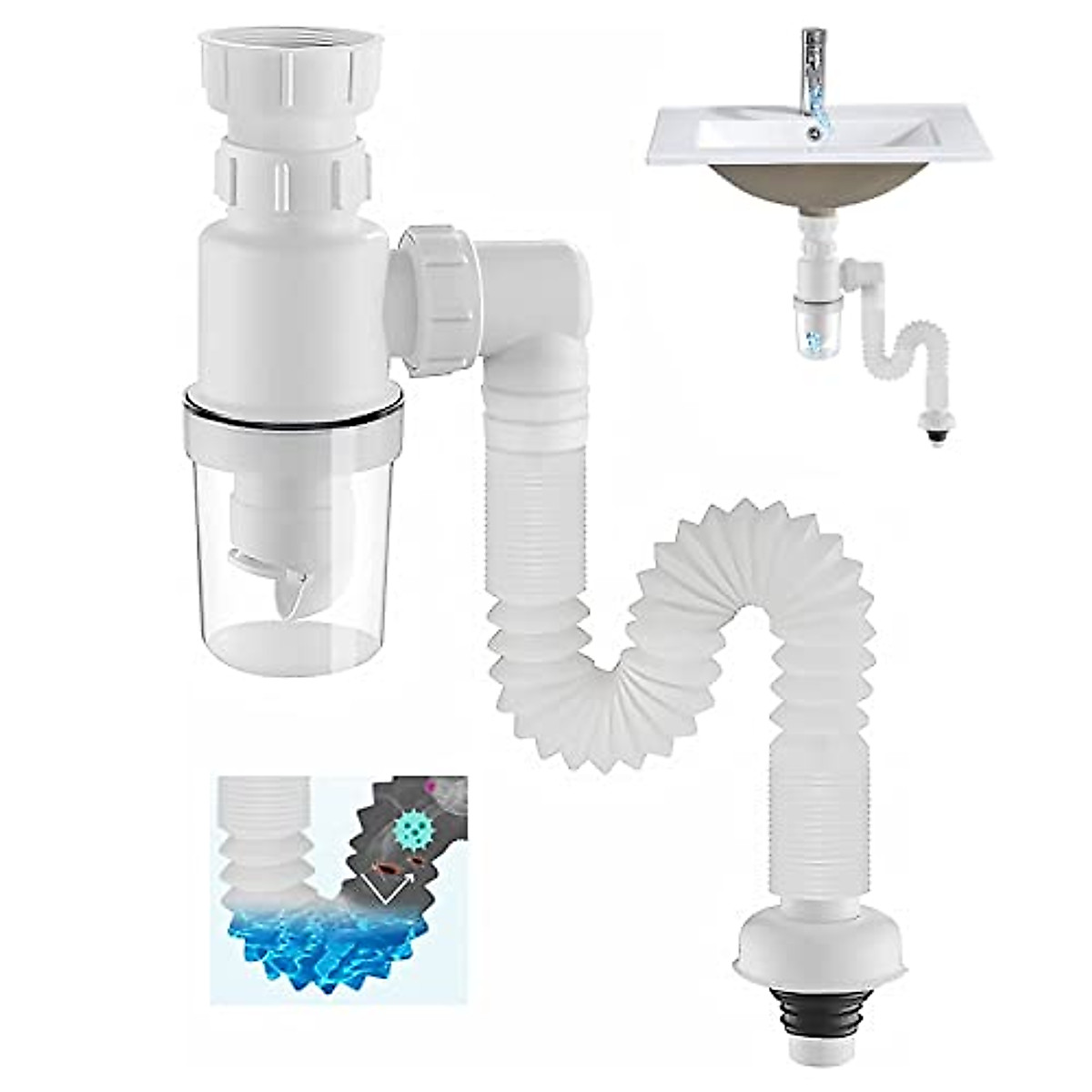 Gititrada Deodorizing Drain, Flexible Drain Fitting, Retractable 11.8-29.5 Inch Drain, 1 Rubber Seal, Flexible Tubular Retractable Drain, Sink Drain Kit for Kitchen, Bathroom, Toilet, Etc.