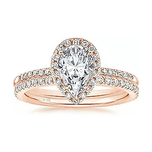 WSX Gold 1ct Pear Bridal Rings Sets for Women Moissanite Simulated Diamond Her Engagement Halo Wedding Promise Ring, 2 Piece Set