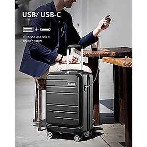 LUGGEX Black PC Luggage Sets 2 Pieces, 20 Inch Carry On Luggage with USB Port and 26 Inch Checked Suitcase with Front Opening, Only 26" Expandable