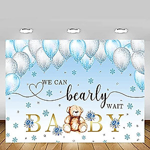 MEHOFOND 7x5ft Winter Snowflake Bear Boy Baby Shower Backdrop We Can Bearly Wait Bear Blue and Silver Balloons Photography Background Party Decor Cake Table Decor Banner Photo Booth