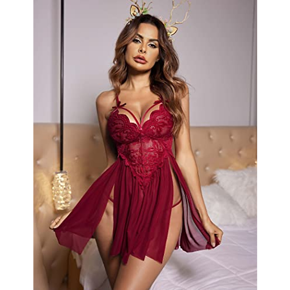 Avidlove Lingerie for Women Lace Baby Doll Chemise Nightgown V Neck Sleepwear Boudoir Nighty Side Slit Nightdress Wine Red