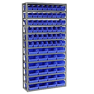 Global Industrial 13 Shelf Steel Shelving with (72) 4" H Plastic Shelf Bins, Blue, 36x12x72