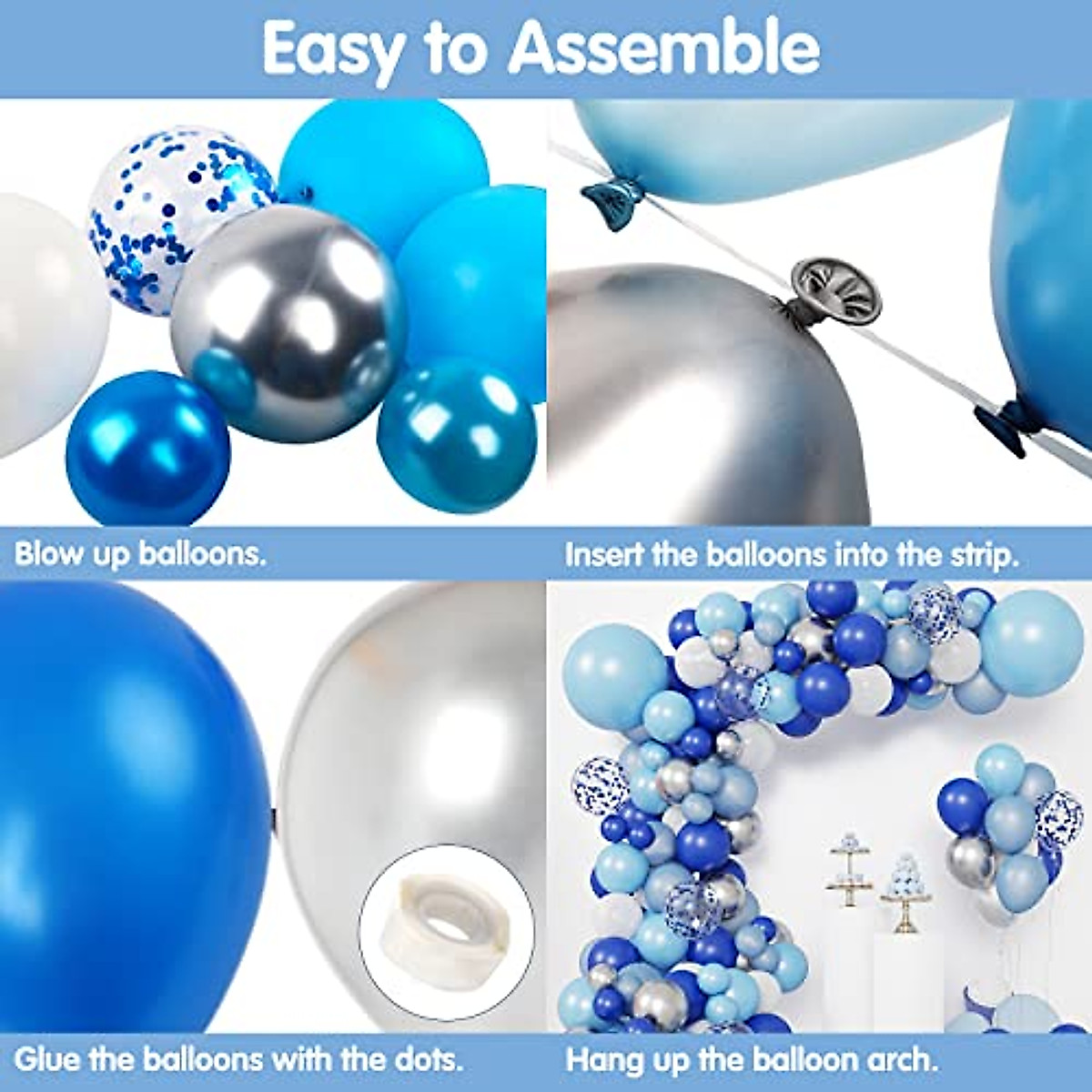 RUBFAC 130pcs Blue Balloons Garland Arch Kit, Royal Blue and Baby Blue White Chrome Sliver Balloons Arch for Shower Birthday Graduation Party Decorations