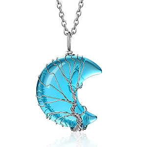 Bestyle Tree of Life Crescent Moon Necklace, Synthetic Aquamarine Gemstones Healing Crystal Necklaces, March Birthstone Pendant for Women, Statement Birthday Jewelry Gifts