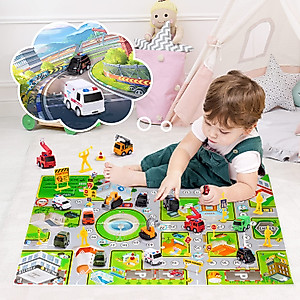 Car Toys with Play Mat, Toy Cars for Boys,Car Toys for Toddlers,Pull Back Cars Include Construction Vehicles, Fire Vehicles, etc.10 Road Signs 4 Dolls,Vehicle Toy Set for Kids.