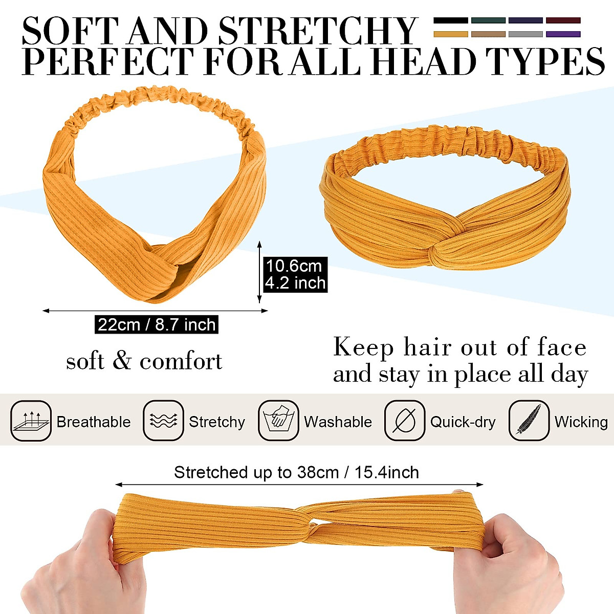 20 Pcs Boho Vintage Elastic Criss Cross Turban Head Wraps - Solid Color Stretchy Hair Accessories for Women's Yoga and Workout