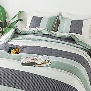 Litanika Queen Comforter Set Sage Green - 3 Pieces Lightweight Bedding Comforter Sets, Light Green White Colorblock Stripe Fluffy Bed Set, All Season Down Alternative