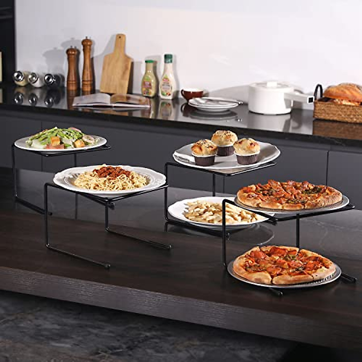 MyGift Set of 6 Black Metal Pizza Pan Riser Stands - Tabletop Hot and Cold Food Platter Tray Display - Countertop Baking Sheet Wire Cooling Racks