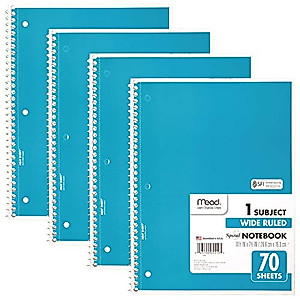 Mead Spiral Notebooks, 1 Subject, Wide Ruled Paper, 70 Sheets, 10-1/2 x 7-1/2 inches, Blue, 4 Pack (38400)
