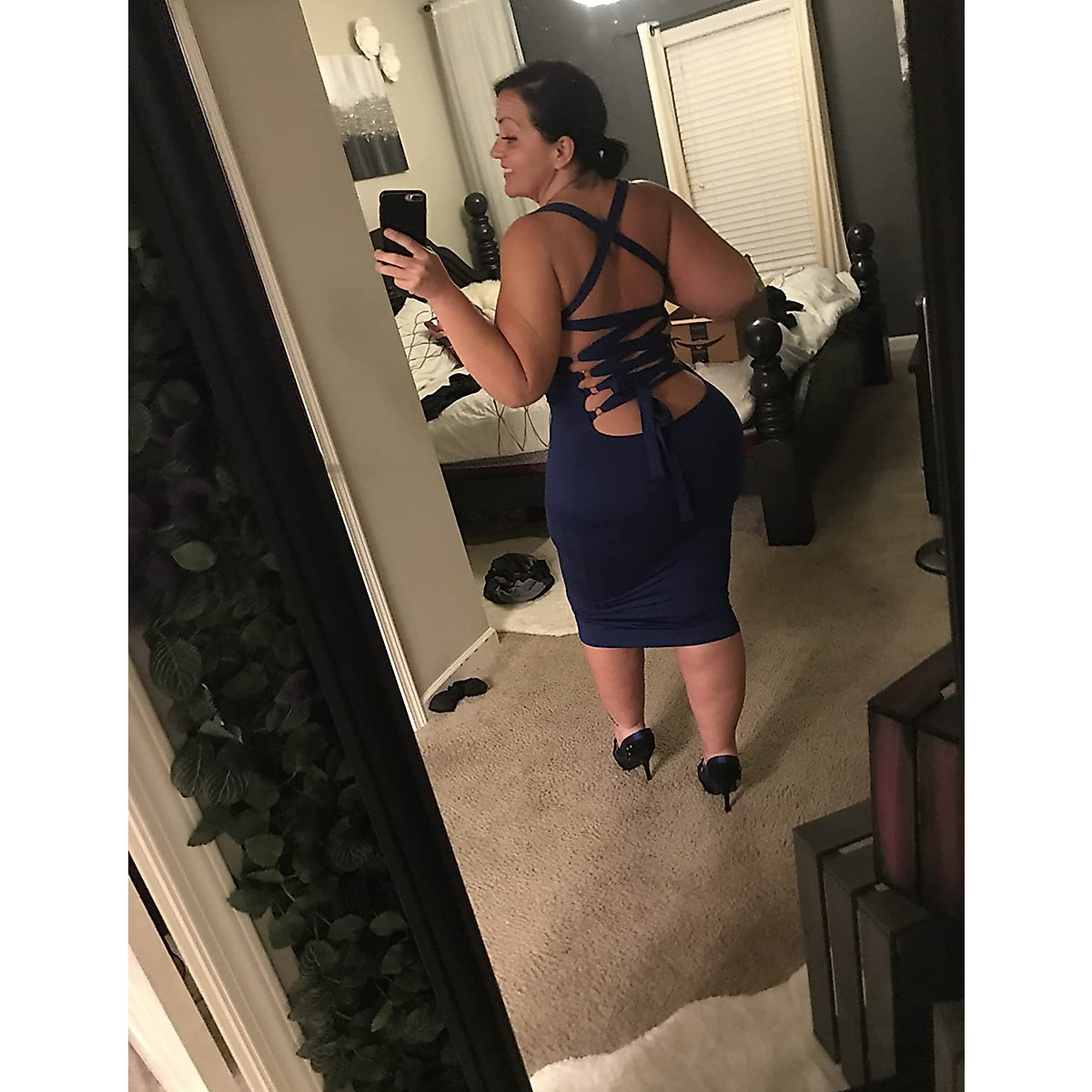 BEAGIMEG Women's Sexy Lace Up Backless Bodycon Midi Party Club Dress, Black, Small