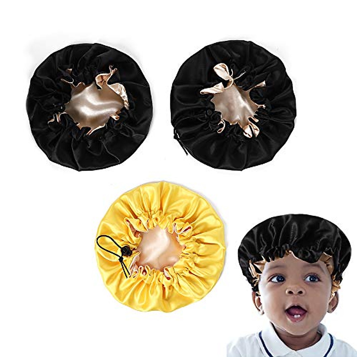 Satin Bonnet Sleep Cap 3Pcs Adjustable Bonnets for Kids Baby Children Infant Newborn Girls Boys Reversible Toddler Bonnet for Curly Hair Natural Hair Double Layer Satin Hair Bonnet for Sleeping
