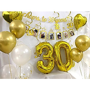 30th Anniversary and Birthday Decorations Party Supplies Set of Cheers to 30 Years Photo Banner and Balloons,Hanging Swirls for 30 year Anniversary,Birthday decor(Gold)