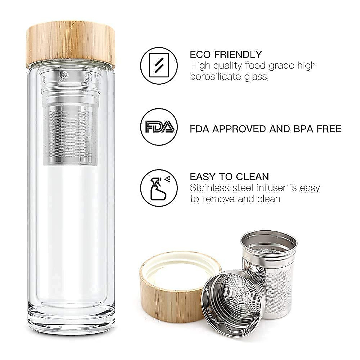 COMI Tea Bottle, 14 oz, Borosilicate Glass, Double Wall, Infuser & Strainer, Bamboo Lid, 400ml