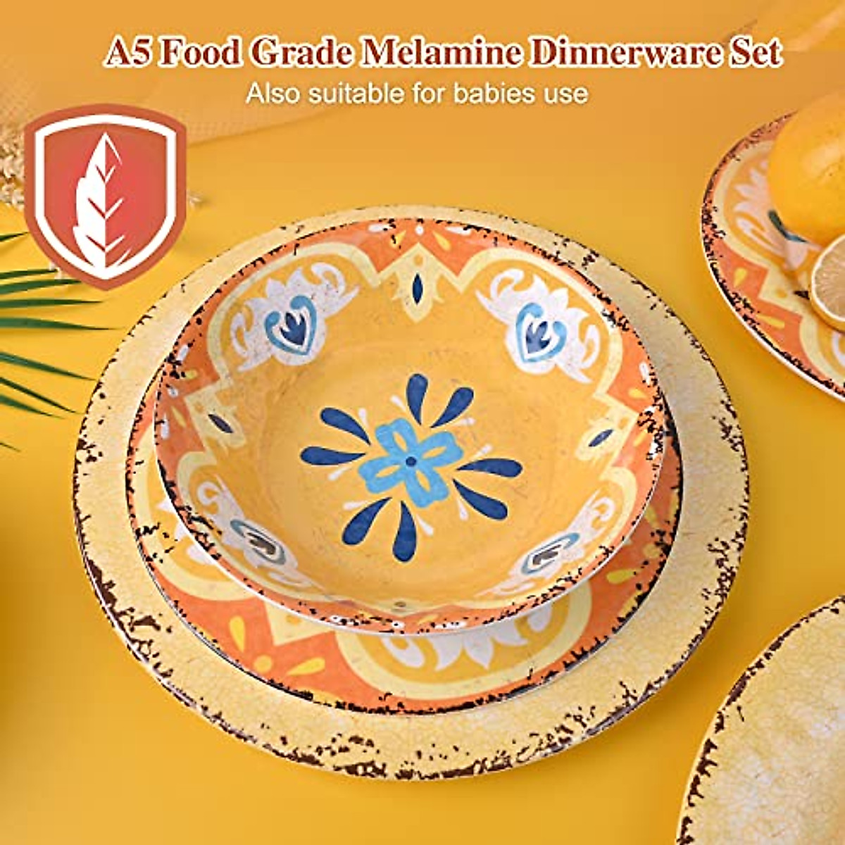 12 Piece Melamine Dinnerware Sets Service for 4 - Includes 4 Dinner Plates 4 Salad Plates and 4 Bowls Made of A5 Melamine Use at Home & Outdoor Dining, Picnic, Camping and Rvs - Mayan Style Yellow