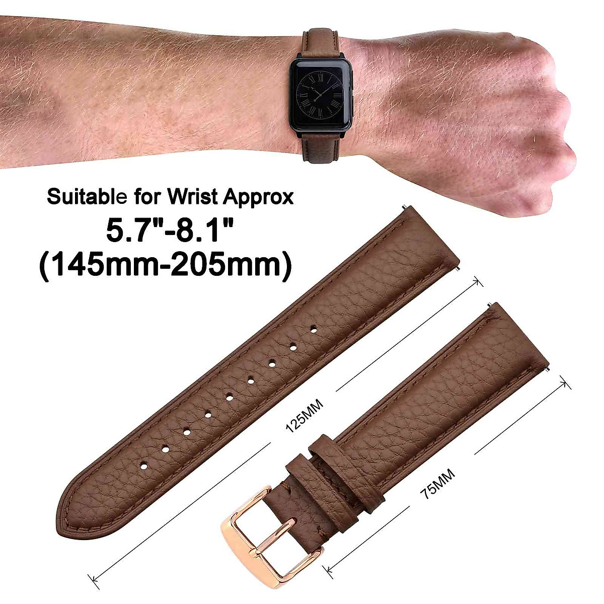 ANNEFIT Watch Band 18mm, Quick Release Textured Padded Leather Straps with Rose Gold Buckle for Men and Women (Brown)