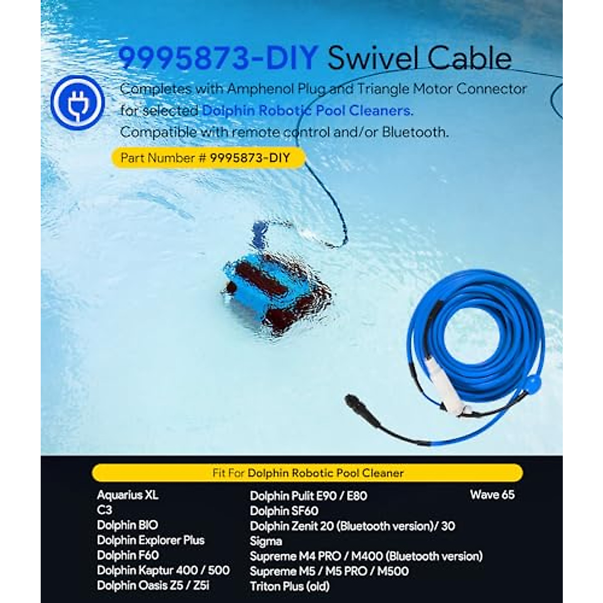 sixcow 9995873 DIY Swivel Cable 3 Wire, 18M, Replaces for Dolphin Pool Cleaners