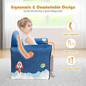 Costzon Kids Couch, Children's Sofa Armrest Chair with Pattern, Toddler Furniture w/Sturdy Wood Construction, Preschool, Lightweight Children Couch Sofa Chair for Aged 1-5 Boys & Girls Gifts, Spaceman