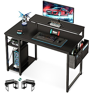 KKL 40 inch Small Computer Desk with Adjustable Monitor Stand, Home Office Desk & Workstation with Storage Shelves, Reversible Work Writing Study Table for Bedroom, Black