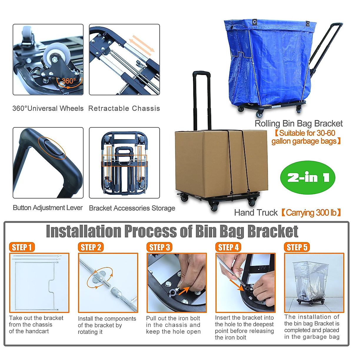 Trash Bag Holder with Wheels 30-60 Gallons Leaf Bag Holder for Leaves Weeding Camping Party,2 in 1 Multi-Function 500 LB Folding Hand Truck for Travel Moving Shopping Office(Black)