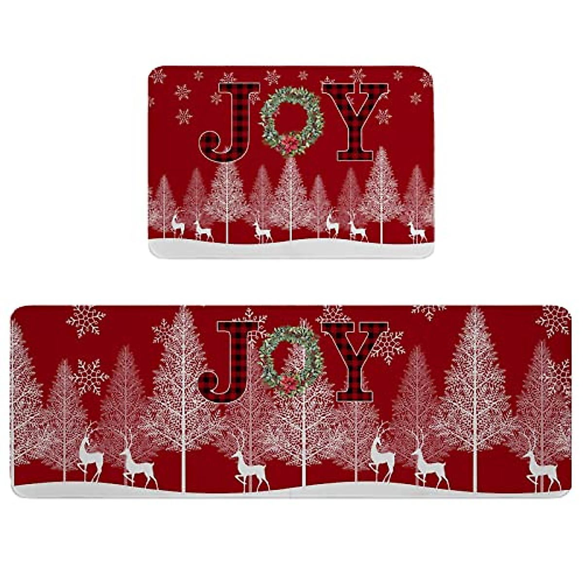 Kitchen Mat Rug Set of 2 Christmas Reindeer Xmas Tree Winter Snow Joy Red Plaid Runner Rug Anti-Fatigue Comfort Memory Foam Standing Mat Non-Slip Floor Door Mat for Bathroom Bedroom 20x32in+20x63in