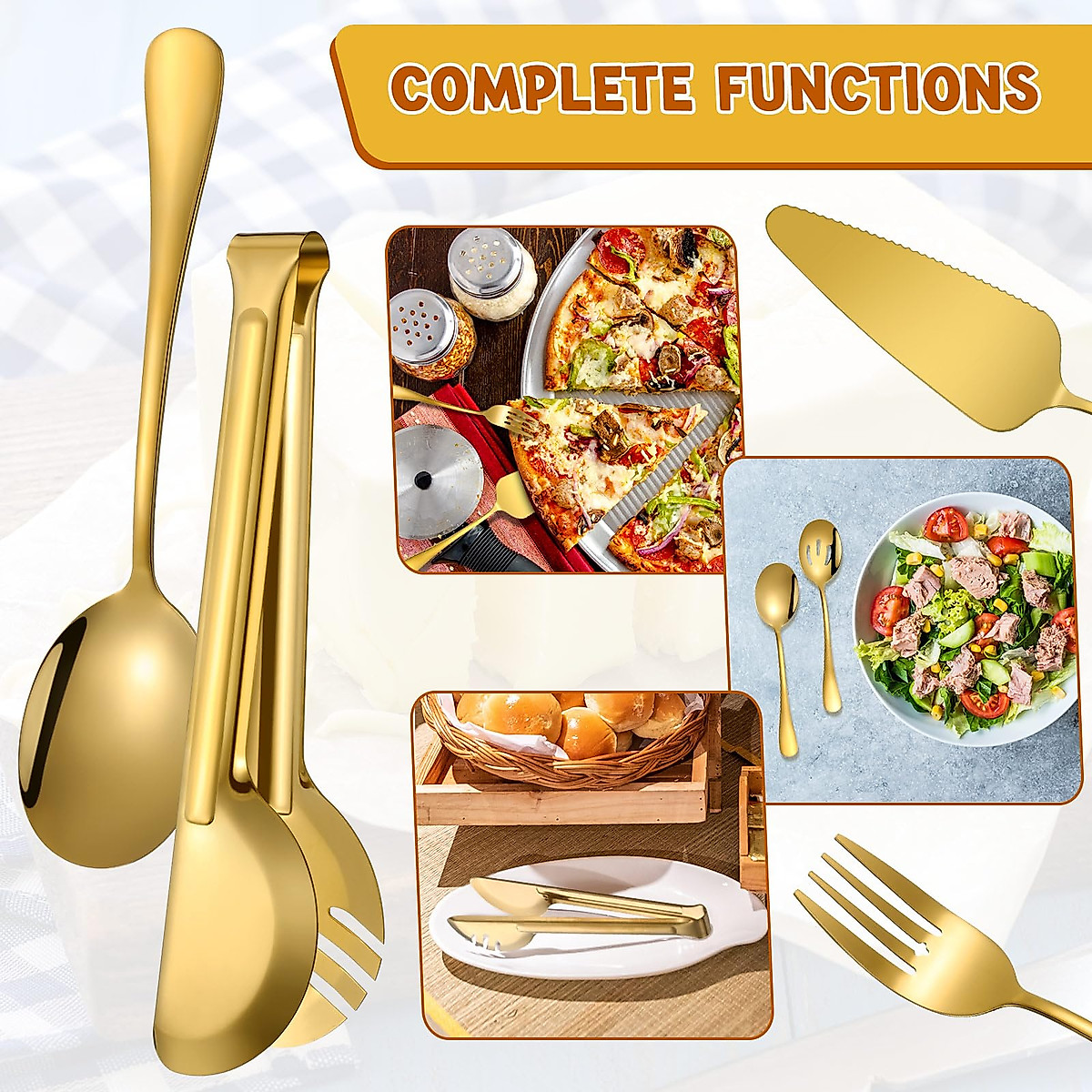 Tanlade 19 Pcs Stainless Steel Serving Utensils Set Flatware Include Spoons Forks Slotted Spoons Soup Ladle Skimmers Pie Server Serving Tongs for Home Buffet Party Breakfast Dinner(Gold)