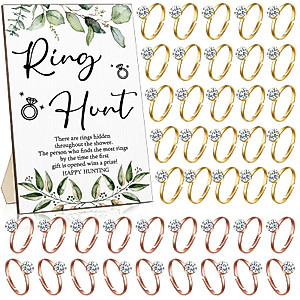Bucherry Bridal Shower Games with Rings Funny Ring Hunt Games Sign Wooden Game Sign and 100 Mini Plastic Rings Fake Rings with Diamond for Bride Shower Game Wedding Winner Gifts Party Favors (Leaf)