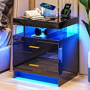 FOMNEY LED Nightstand with Wireless Charging Station ＆USB ＆Type-C Port, Smart Night Stand with Human Sensor 24 Colour Lights, Bed Table with 2 Drawers for Bedroom (Black,1PC)