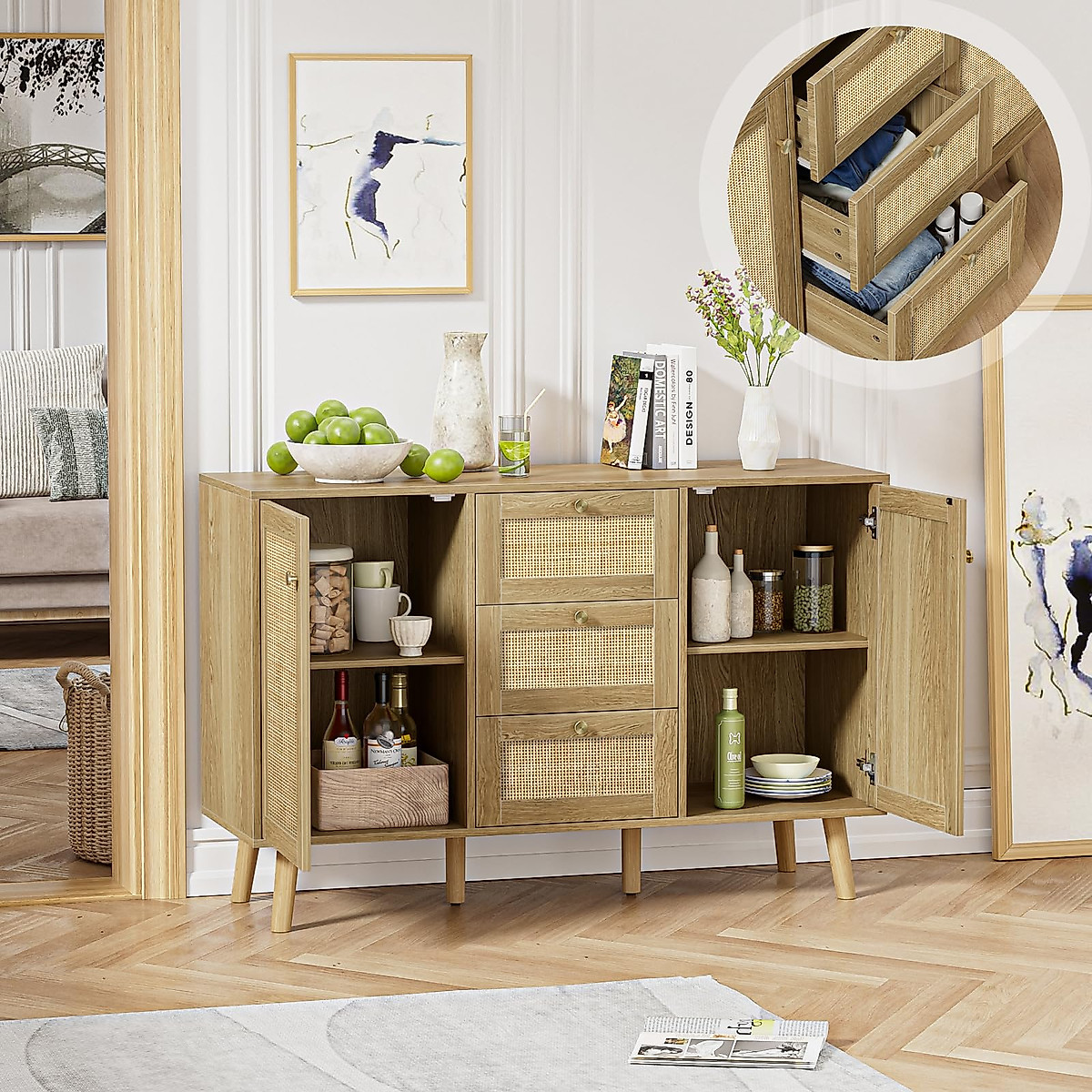 Giluta Sideboard Buffet Cabinet, 3 Drawers Cabinet with 2 Doors Boho Accent Storage Cabinet, Living Room Cupboard Console Table with Adjustable Shelves for Kitchen