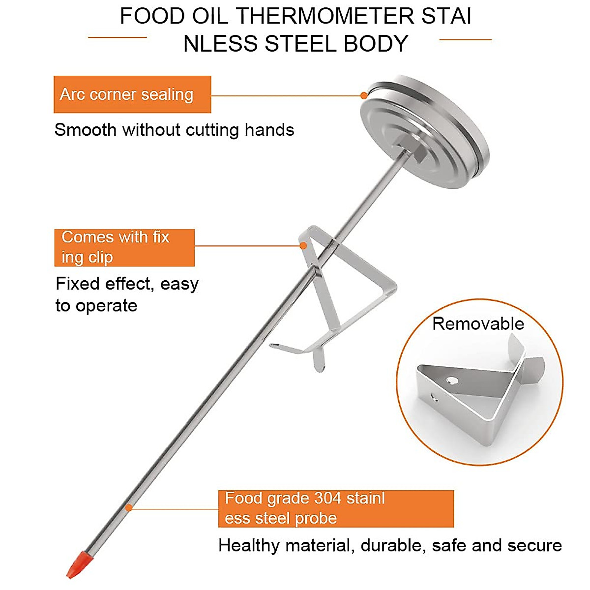 Deep Fry Thermometer Mechanical Meat Thermometer for Deep Fry, Grilling Dial Thermometer Stainless Steel Stem Meat Cooking Thermometer with Adjustable Pot Clip(Size:200 mm)