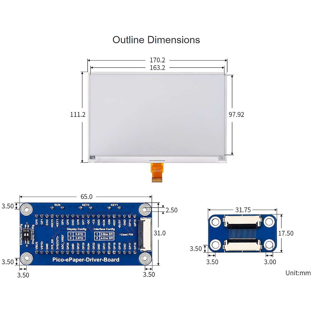 7.5inch E-Paper Display Module for Raspberry Pi Pico, 800×480 Pixels Black/White Two-Color E-Ink SPI Interface, Wide Viewing Angle, Paper-Like Effect Without Electricity