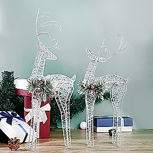 ZHANYIGY 2pc Set White Pinecone Rattan Silver Thread String Christmas Reindeer Figurine Table Desk Decorations Glittering Xmas Holiday Party Supply