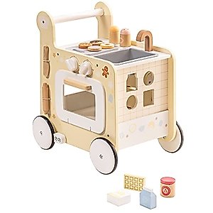 ROBOTIME Baby Push Walker Wooden Strollers,4 in 1 Multiple Activities Center Learning Activity Walker Toys, Suitable for Toddlers Kid 12Mos+ with Bakery Kitchen,Shape Sorter and Movable Slider
