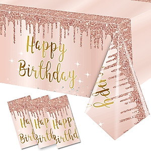 3 Pcs Pink Rose Gold Happy Birthday Tablecloth Decorations for Women, Happy Birthday Table Cover Party Supplies, 16th 21st 30th 40th 50th Birthday Plastic Disposable Rectangular Table Cloth Decor