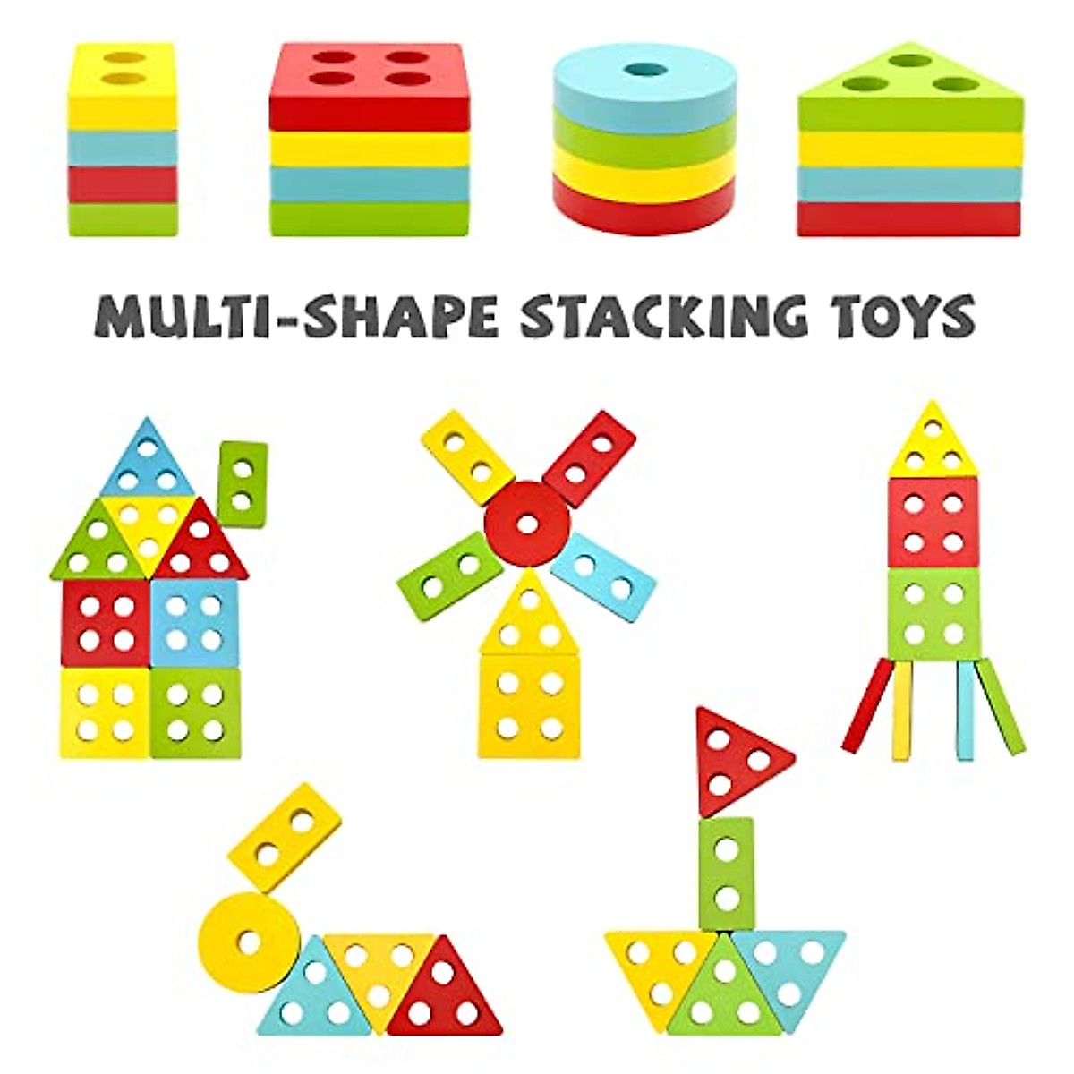 Montessori Toys for 1 2 3 Year Old Boys Girls Gifts, Wooden Sorting and Stacking Toys for Toddlers 1-3, Educational Learning Toys for Preschool Kids, Color Recognition Shape Sorter Puzzles for Baby