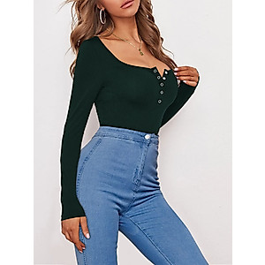 Women Long Sleeve Tops Scoop Neck Low Cut Slim Fitted Henley Shirt Sexy Basic Tee Shirts Tops Blackish Green