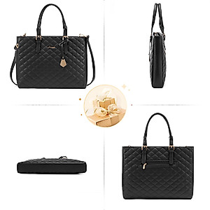 LOVEVOOK Laptop Bag for Women, Work Tote Bag Quilted Leather Computer Shoulder Bag, 15.6 inch Laptop Tote Purse Set, Waterproof Business Briefcase Handbag 2 PCS for Office,Teacher Black