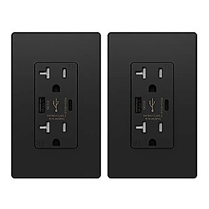 ELEGRP 36W Quick Charge USB Wall Outlet, Type A & Type C Power Delivery and Quick Charge for iPhone/iPad/Samsung/LG/HTC/Android, 20A USB Receptacle, UL Listed, w/Wall Plate, 2 Pack, Matte Black