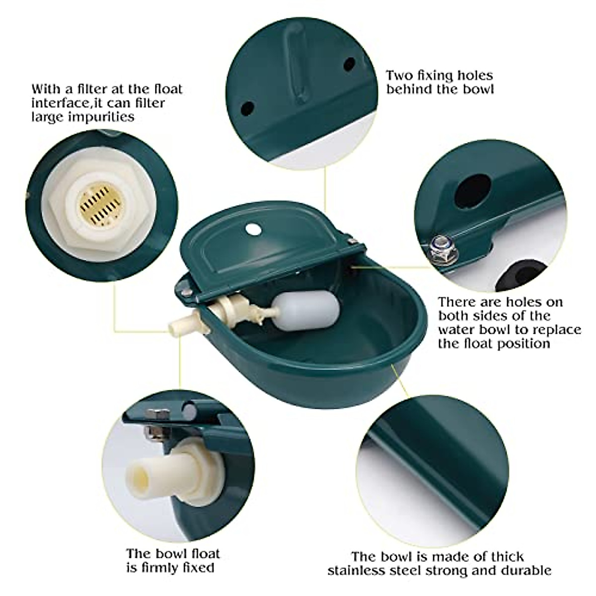 MUDUOBAN Automatic Water Bowl with Float Valve Stainless Steel Livestock Water Trough for Dog Horse Cattle Pig Chicken Goat Sheep (Green)