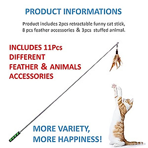 Whefory Retractable Cat Fishing Pole, Cat Toys Wand for Indoor Cats, Cat Fishing Rod for Kitten with 11 Pcs Refills(Feather&Mice)